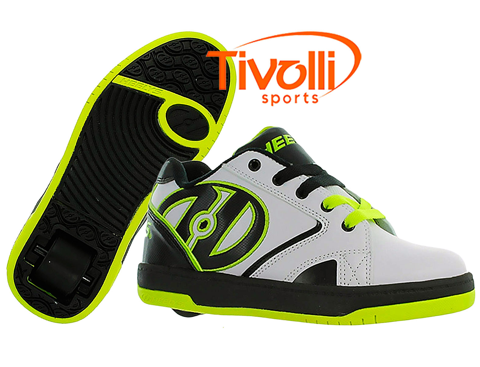 Tênis de rodinha Heelys > infantil branco, preto e verde fluor >